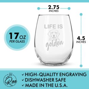 On The Rox Drinks Golden Retriever Gifts for Dog Lovers - Life Is Golden Stemless Wine Glass Set of 2- Cute Dog Face Glasses for Women - Funny Tumbler, Cup for Pet Lovers