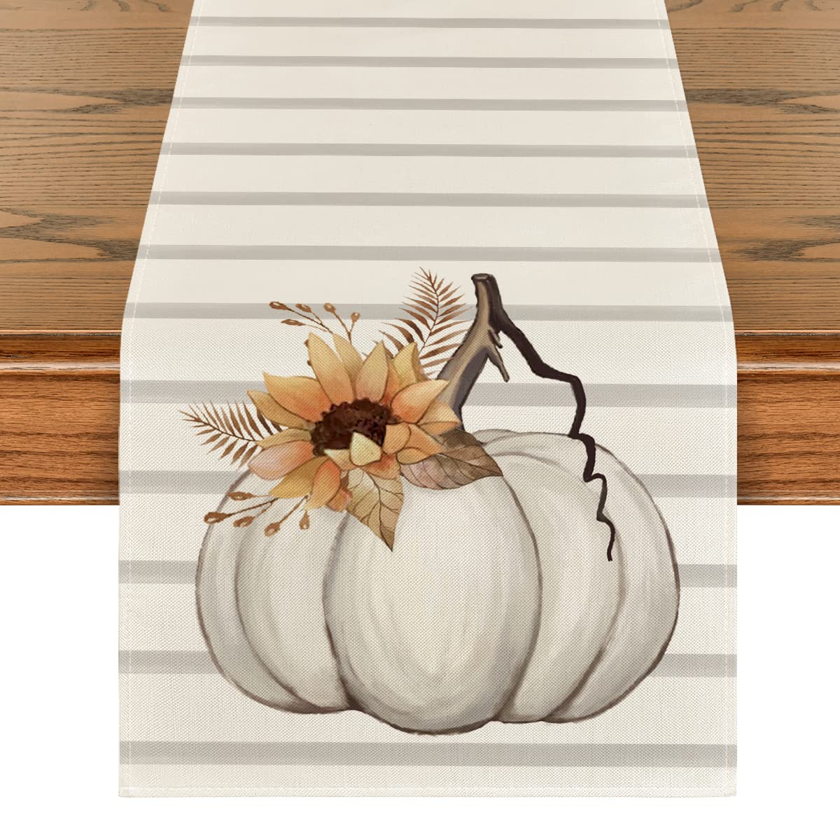 Artoid Mode Stripes Pumpkin Sunflower Leaves Fall Table Runner, Seasonal Autumn Kitchen Dining Table Decoration for Outdoor Home Party 13x72 Inch