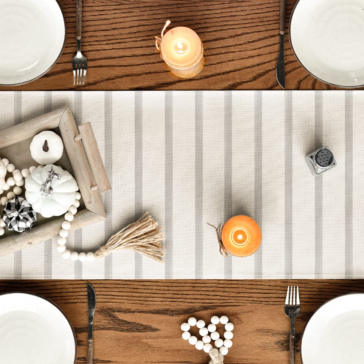 Artoid Mode Stripes Pumpkin Sunflower Leaves Fall Table Runner, Seasonal Autumn Kitchen Dining Table Decoration for Outdoor Home Party 13x72 Inch