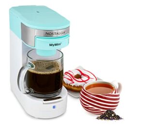 nostalgia mymini single coffee maker, brews k-cup & other pods, serves up to 14 ounces, tea, chocolate, hot cider, lattes, reusable filter basket included, aqua