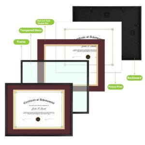 Golden State Art, 11x14 Aluminum Picture Frame with mat for 8.5x11 Photo, Document & Certificates - Sawtooth Hangers - Wall Mounting - Real Glass(Black with Red/Gold Double Mat, Set of 1)