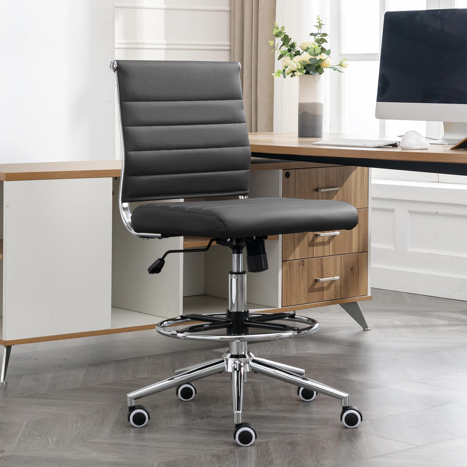 Okeysen Drafting Chair Armless Desk Stool, 400 LBS Ergonomic Fabric Tall Office Chair with Adjustable Foot Ring, Modern Standing Desk Chair with Ribbed Mid Back, Swivel Rolling Drafting Stool.