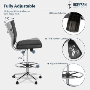 Okeysen Drafting Chair Armless Desk Stool, 400 LBS Ergonomic Fabric Tall Office Chair with Adjustable Foot Ring, Modern Standing Desk Chair with Ribbed Mid Back, Swivel Rolling Drafting Stool.