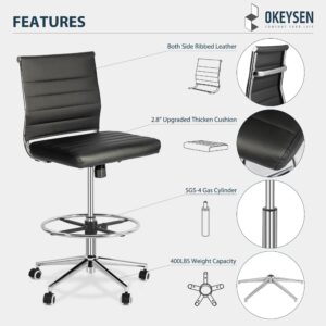 Okeysen Drafting Chair Armless Desk Stool, 400 LBS Ergonomic Fabric Tall Office Chair with Adjustable Foot Ring, Modern Standing Desk Chair with Ribbed Mid Back, Swivel Rolling Drafting Stool.