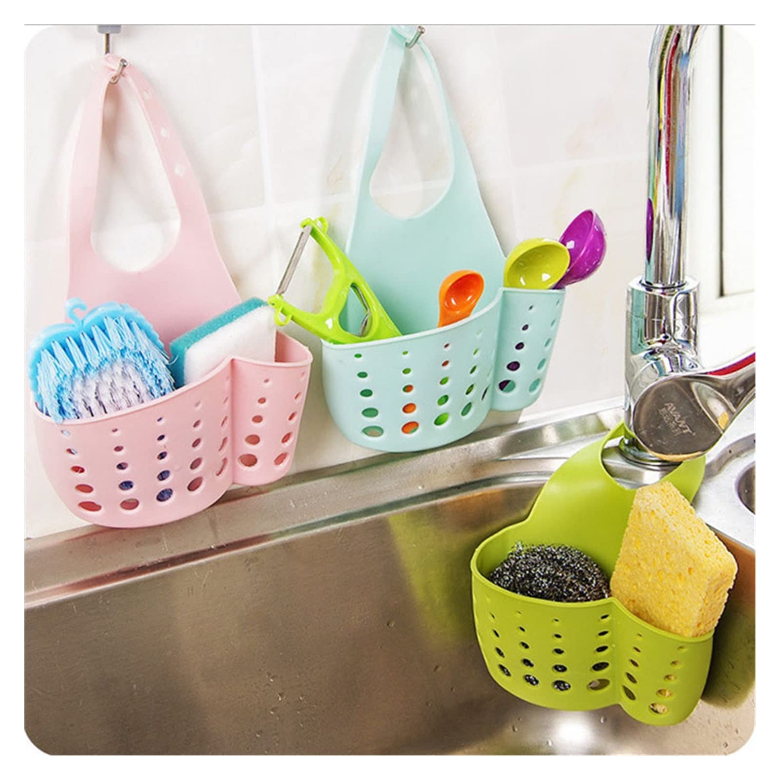 Kitchen Sink Holder Hanging Drain Basket Adjustable Soap Sponge Shelf Organizer Bathroom Faucet Holder Rack Kitchen Accessories Pot Rack Wall Mounted Hook Closet (Color : Beige1)