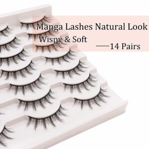 Losha Manga Lashes Fluffy Faux Mink Lashes 14 Pairs Natural False Lashes Pack Wispy Short Anime Lashes Look Like Individual Clusters (3D1009)