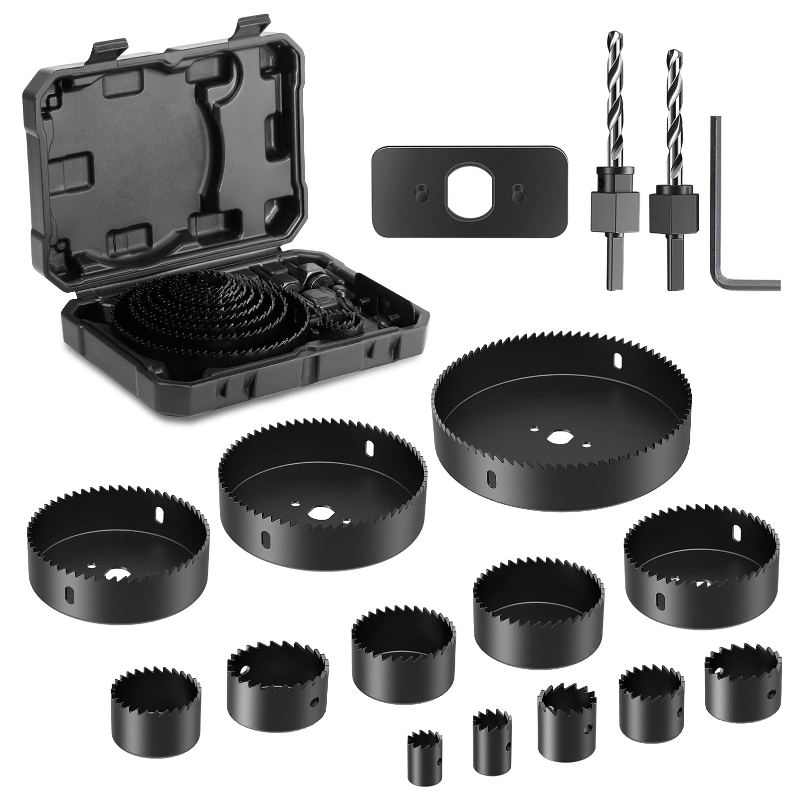 HYCHIKA Hole Saw Set with Case, 19 Pieces Hole Saw Bit with 3/4-5inch Saw Blades, 2 Mandrels,2 Drill Bits,1 Installation Plate,1 Hex Key, Hole Saw Kit for Soft Wood, Plywood, Drywall, PVC