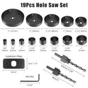 HYCHIKA Hole Saw Set with Case, 19 Pieces Hole Saw Bit with 3/4-5inch Saw Blades, 2 Mandrels,2 Drill Bits,1 Installation Plate,1 Hex Key, Hole Saw Kit for Soft Wood, Plywood, Drywall, PVC