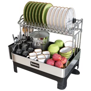 boosiny dish drying rack, 304 stainless steel 2 tier large dish rack and drainboard set with swivel spout drainage, full size dish drainer with utensil holder for kitchen counter of big family