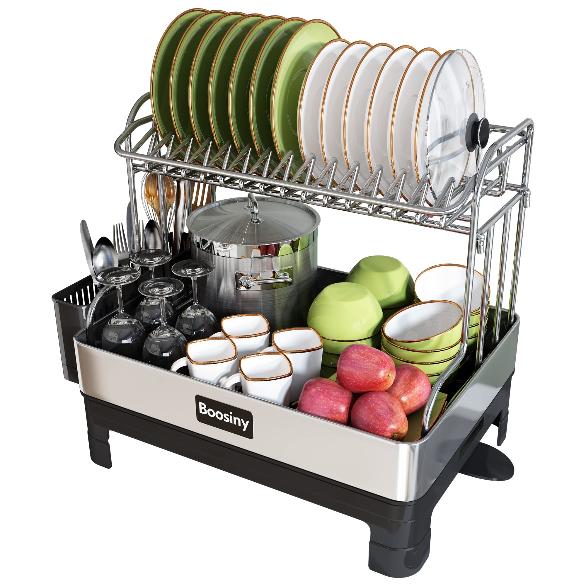 BOOSINY Dish Drying Rack, 304 Stainless Steel 2 Tier Large Dish Rack and Drainboard Set with Swivel Spout Drainage, Full Size Dish Drainer with Utensil Holder for Kitchen Counter of Big Family