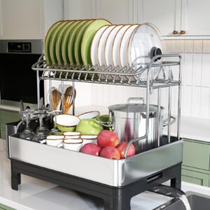 BOOSINY Dish Drying Rack, 304 Stainless Steel 2 Tier Large Dish Rack and Drainboard Set with Swivel Spout Drainage, Full Size Dish Drainer with Utensil Holder for Kitchen Counter of Big Family