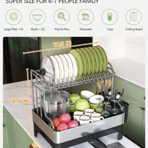 BOOSINY Dish Drying Rack, 304 Stainless Steel 2 Tier Large Dish Rack and Drainboard Set with Swivel Spout Drainage, Full Size Dish Drainer with Utensil Holder for Kitchen Counter of Big Family