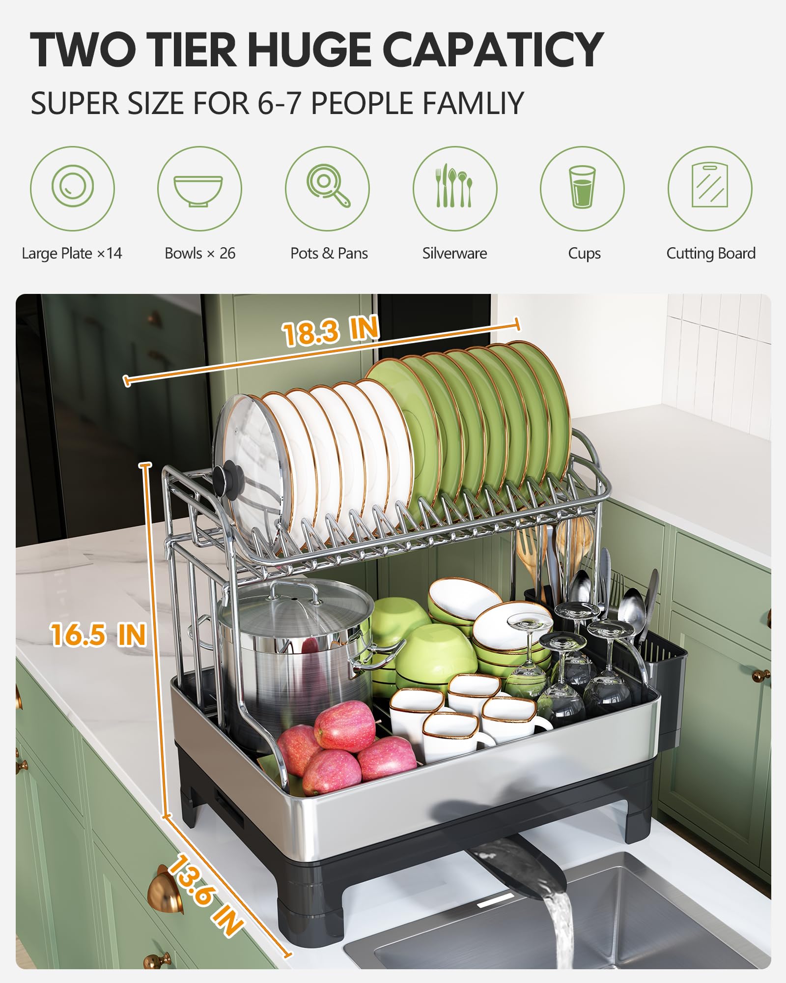 BOOSINY Dish Drying Rack, 304 Stainless Steel 2 Tier Large Dish Rack and Drainboard Set with Swivel Spout Drainage, Full Size Dish Drainer with Utensil Holder for Kitchen Counter of Big Family