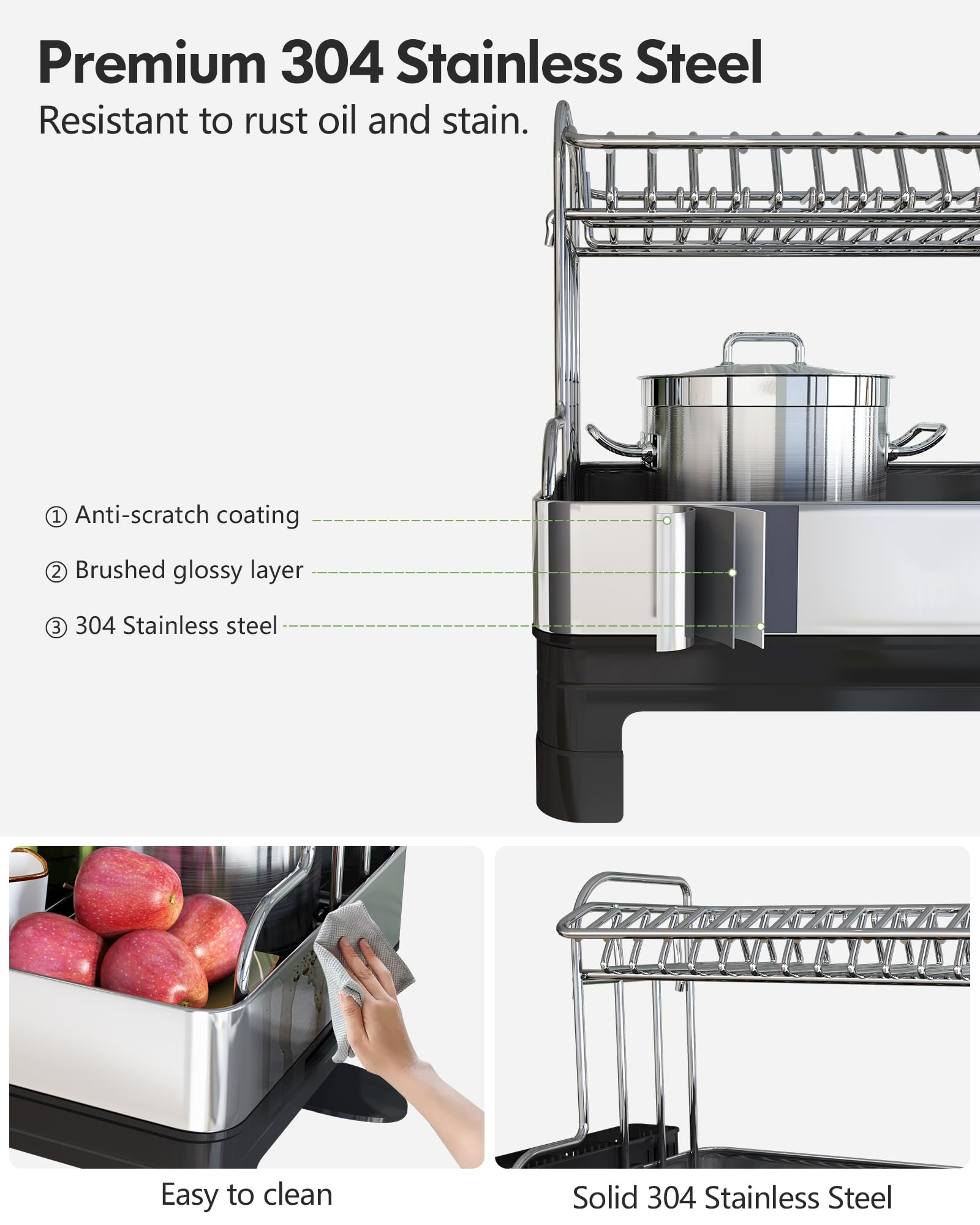 BOOSINY Dish Drying Rack, 304 Stainless Steel 2 Tier Large Dish Rack and Drainboard Set with Swivel Spout Drainage, Full Size Dish Drainer with Utensil Holder for Kitchen Counter of Big Family