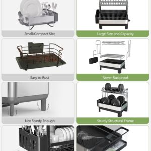 BOOSINY Dish Drying Rack, 304 Stainless Steel 2 Tier Large Dish Rack and Drainboard Set with Swivel Spout Drainage, Full Size Dish Drainer with Utensil Holder for Kitchen Counter of Big Family