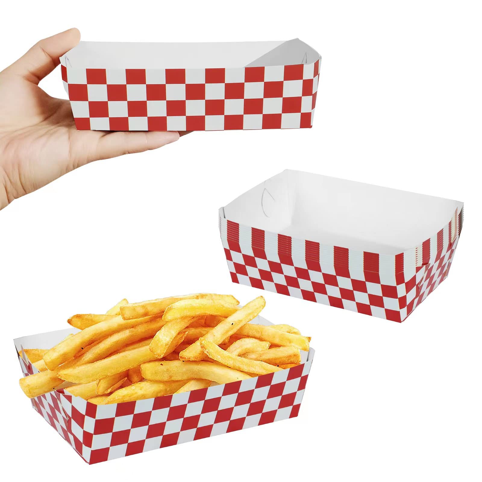 50 Packs Red Checkered Paper Food Trays Carnival Party Supplies Red and White Checker Nacho Trays Paperboard Tray Picnic Hot Dog Trays School Restaurant Supplies