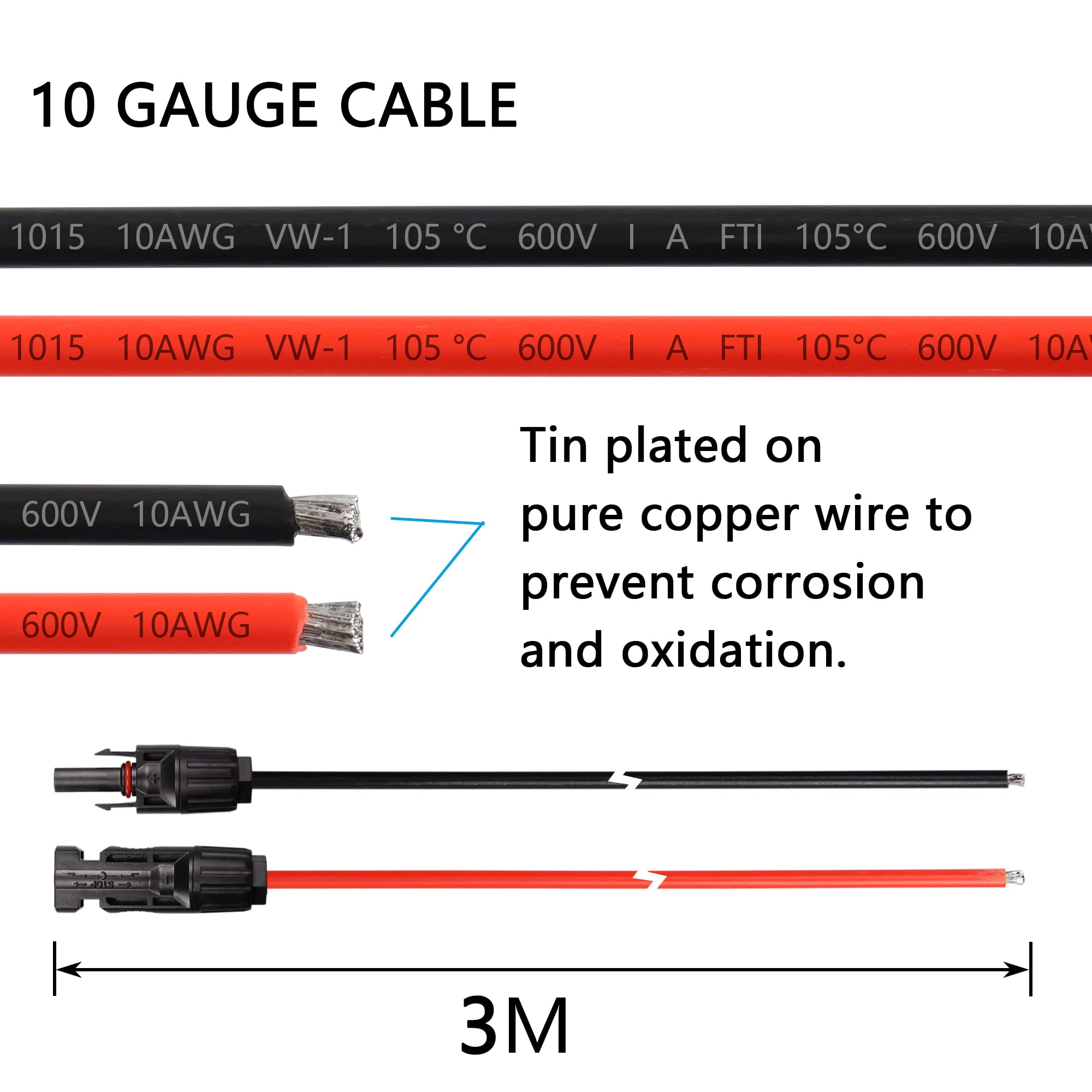 CERRXIAN 10AWG 9.8FT Solar Extension Bare Wire Cable with Female and Male Connector with O Ring for Solar Panels, Charge Controller(Black+Red) (10AWG 9.8FT)-o