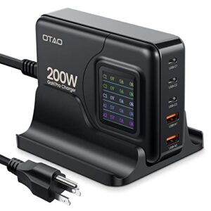 200w usb c charger, otao desktop 5-port gan charger with lcd display, pd 3.0 100w/qc 3.0 22.5w/pps 45w fast charging station with ac adapter for macbook pro/air,ipad,iphone,samsung