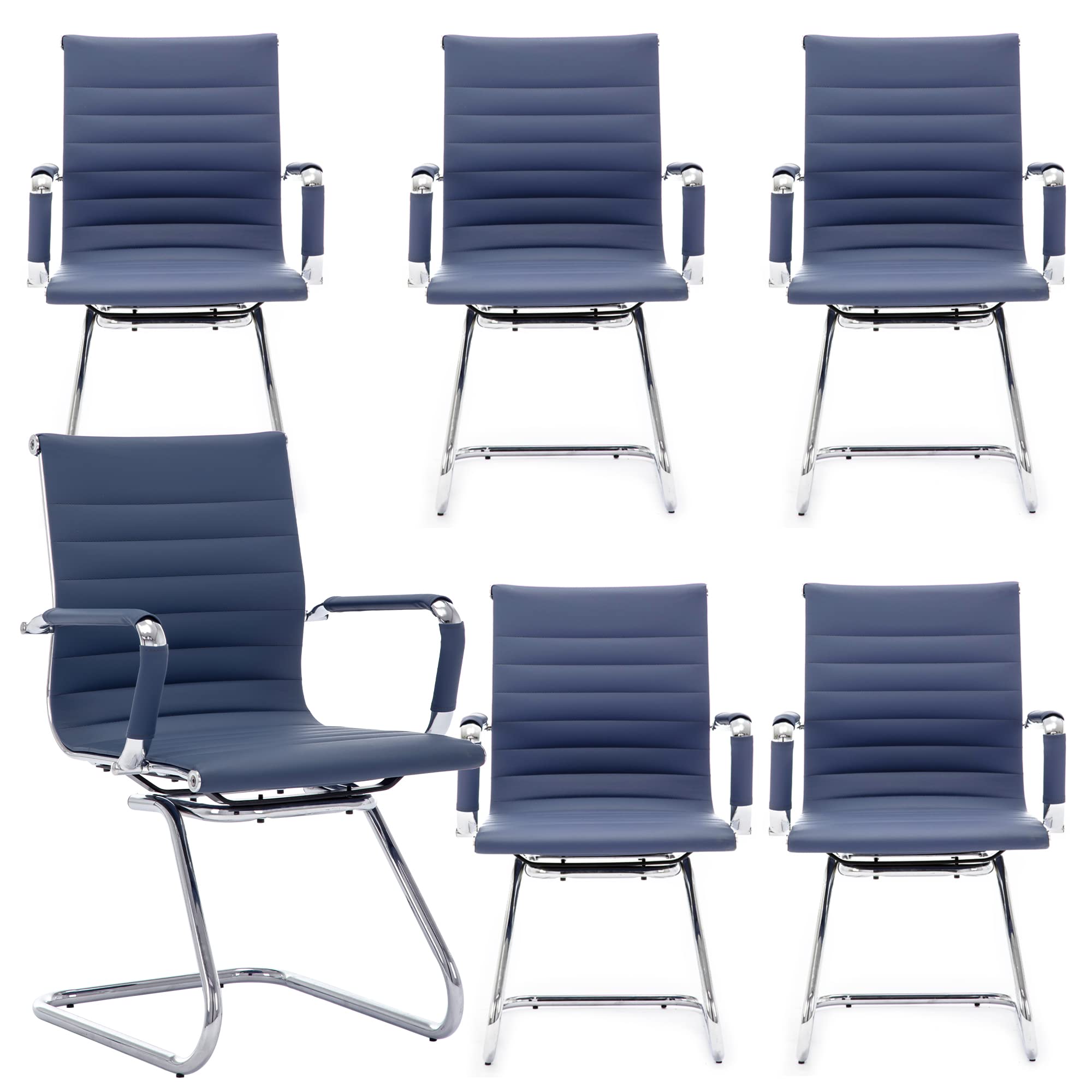 DM Furniture Office Desk Chair No Wheels Set of 6 PU Leather Computer Chairs Mid Back Guest Chairs for School Reception Conference Waiting Room, Navy Blue