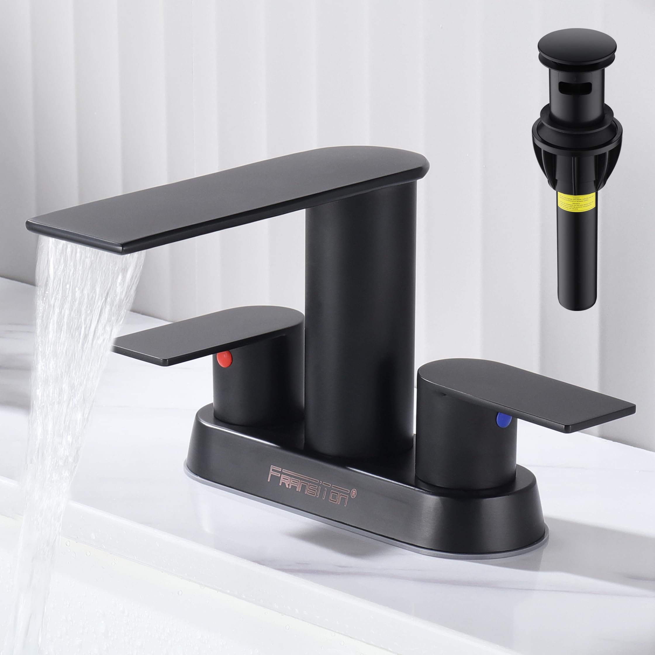 FRANSITON Waterfall Bathroom Faucet Lavatory 2 Handle 3 Hole 4 Inch Bathroom Sink Faucet Washbasin Faucet with Deck and Pop-up Drain Black Centerset Bathroom Faucet