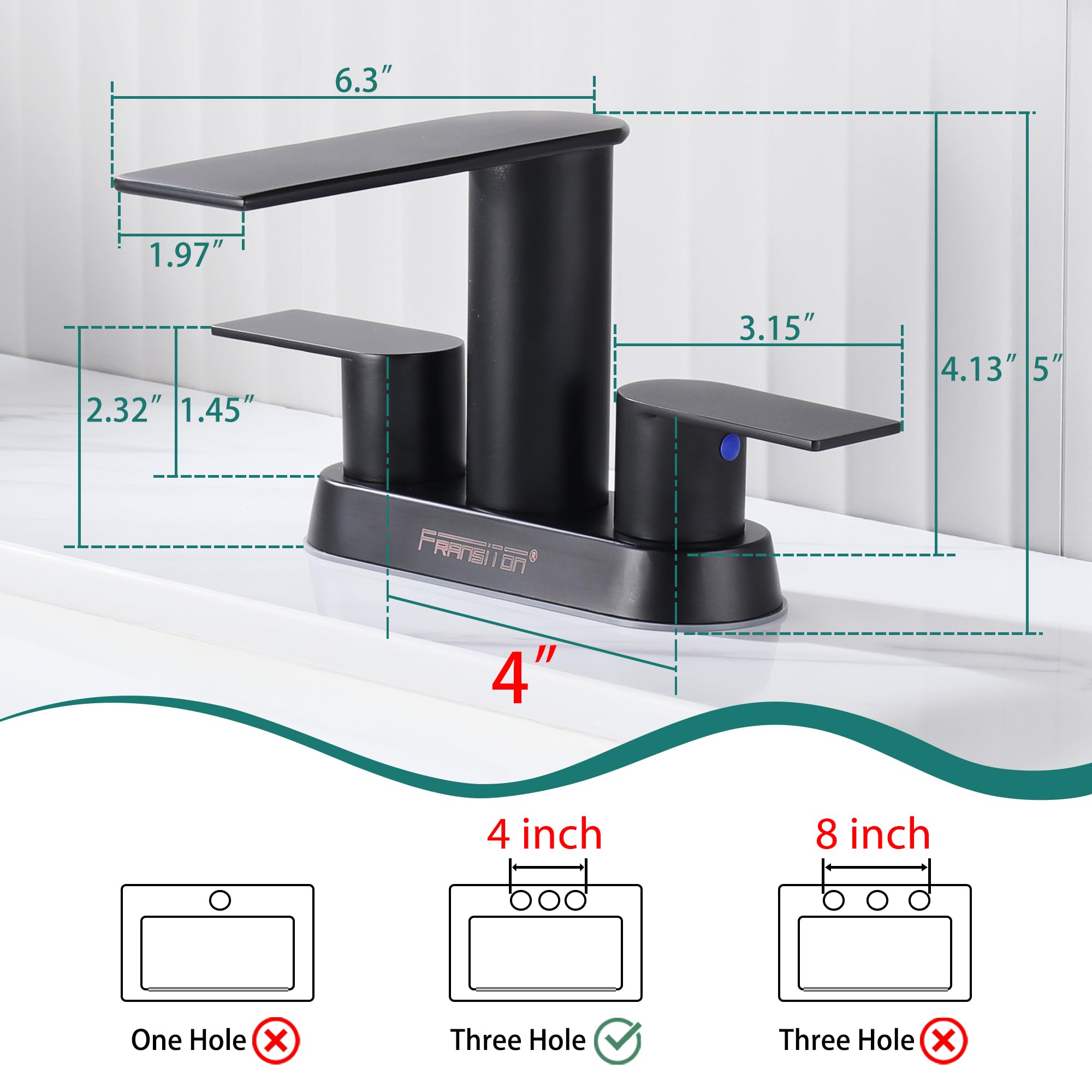 FRANSITON Waterfall Bathroom Faucet Lavatory 2 Handle 3 Hole 4 Inch Bathroom Sink Faucet Washbasin Faucet with Deck and Pop-up Drain Black Centerset Bathroom Faucet