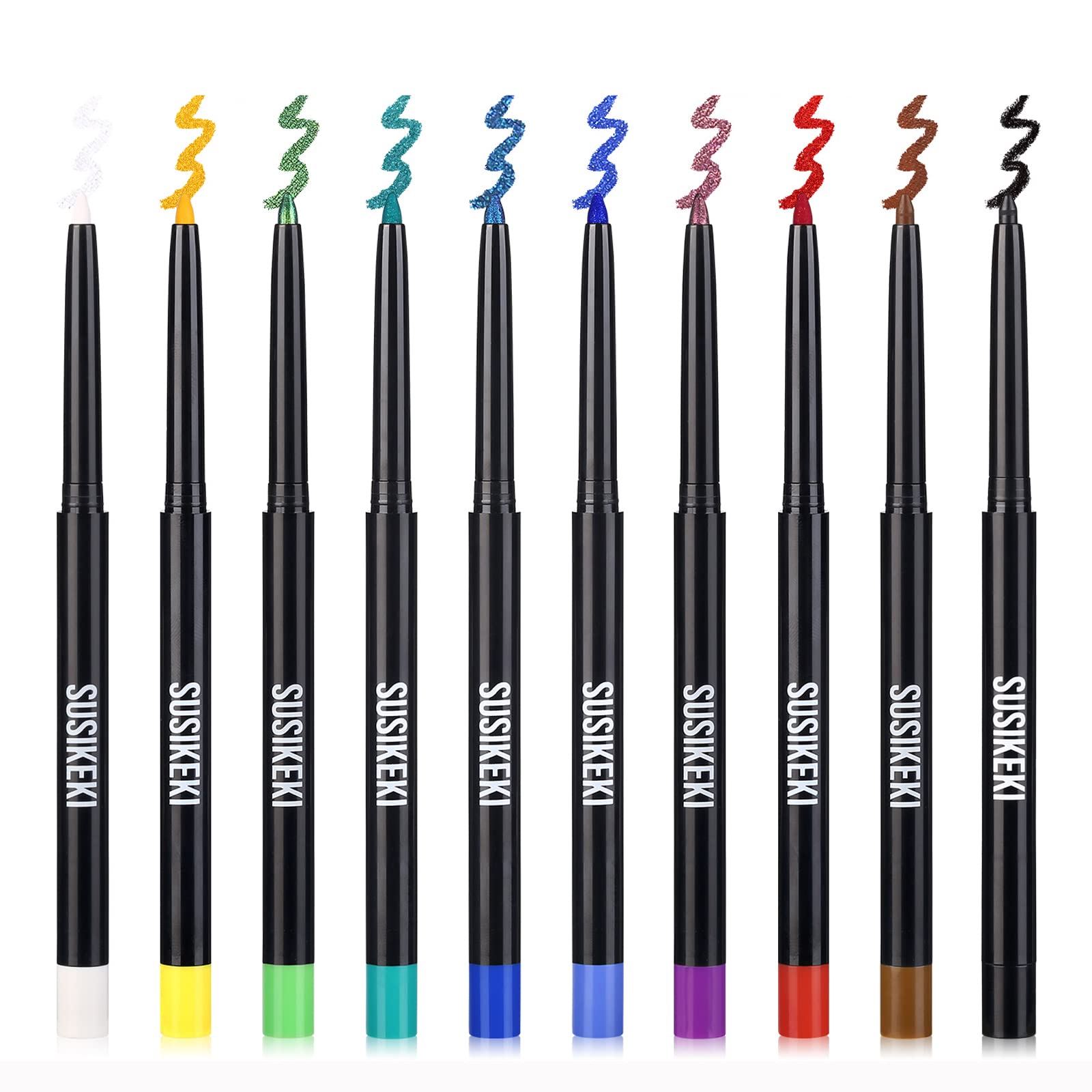 SUSIKEKI 10pcs Colored Gel Eyeliner Pencil With Built-in-Sharpener Set Chameleon Metallic Glitter Matte Eye Liner Waterproof Long Lasting Eye Makeup Pen White Black Brown Rainbow Eyeliners Gift Sets