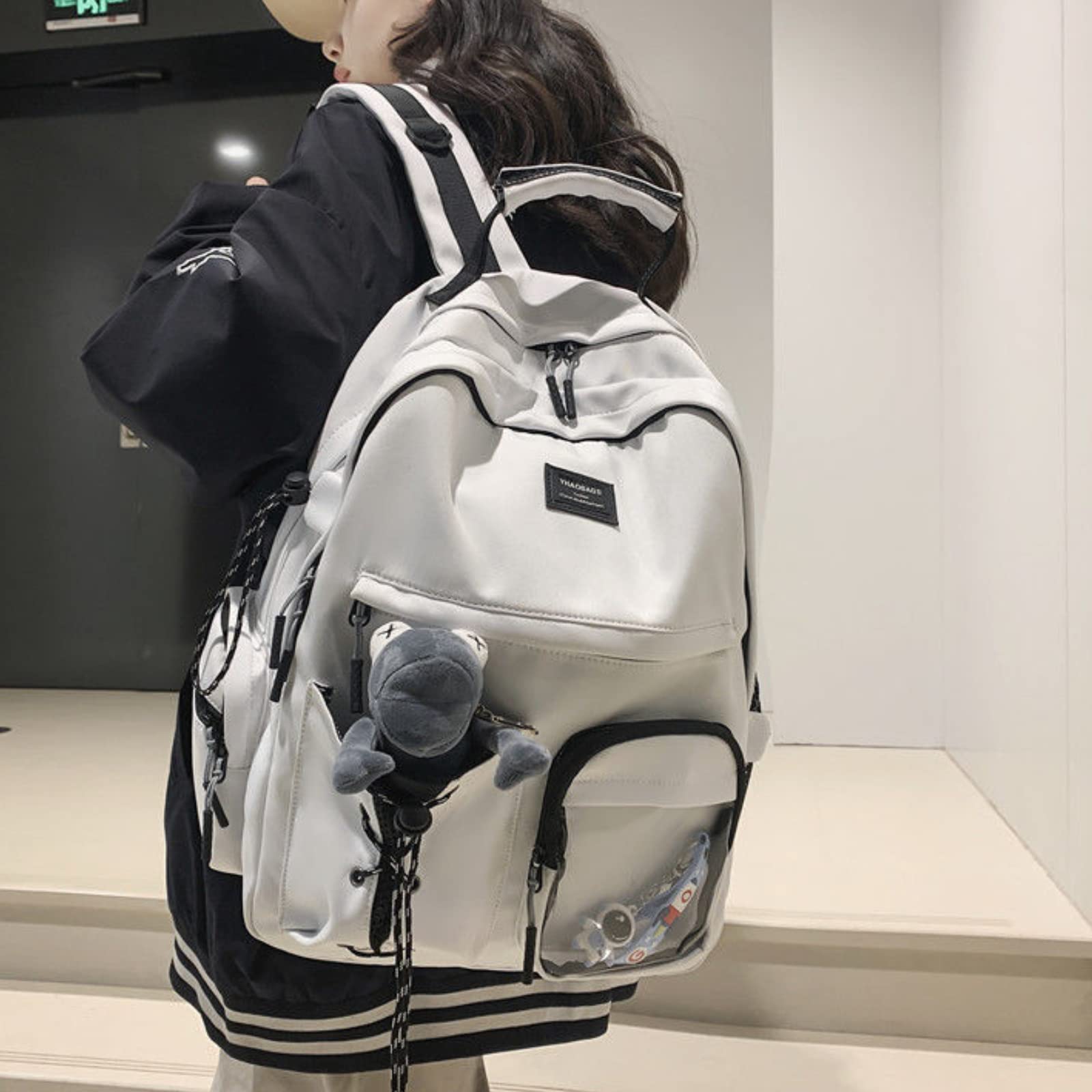 Kawaii Backpack for Teen Girls Boys Cute Bookbag Aesthetic Schoolbag with Lovely Pendant Casual Bag with Laptop Compartment (White-2)