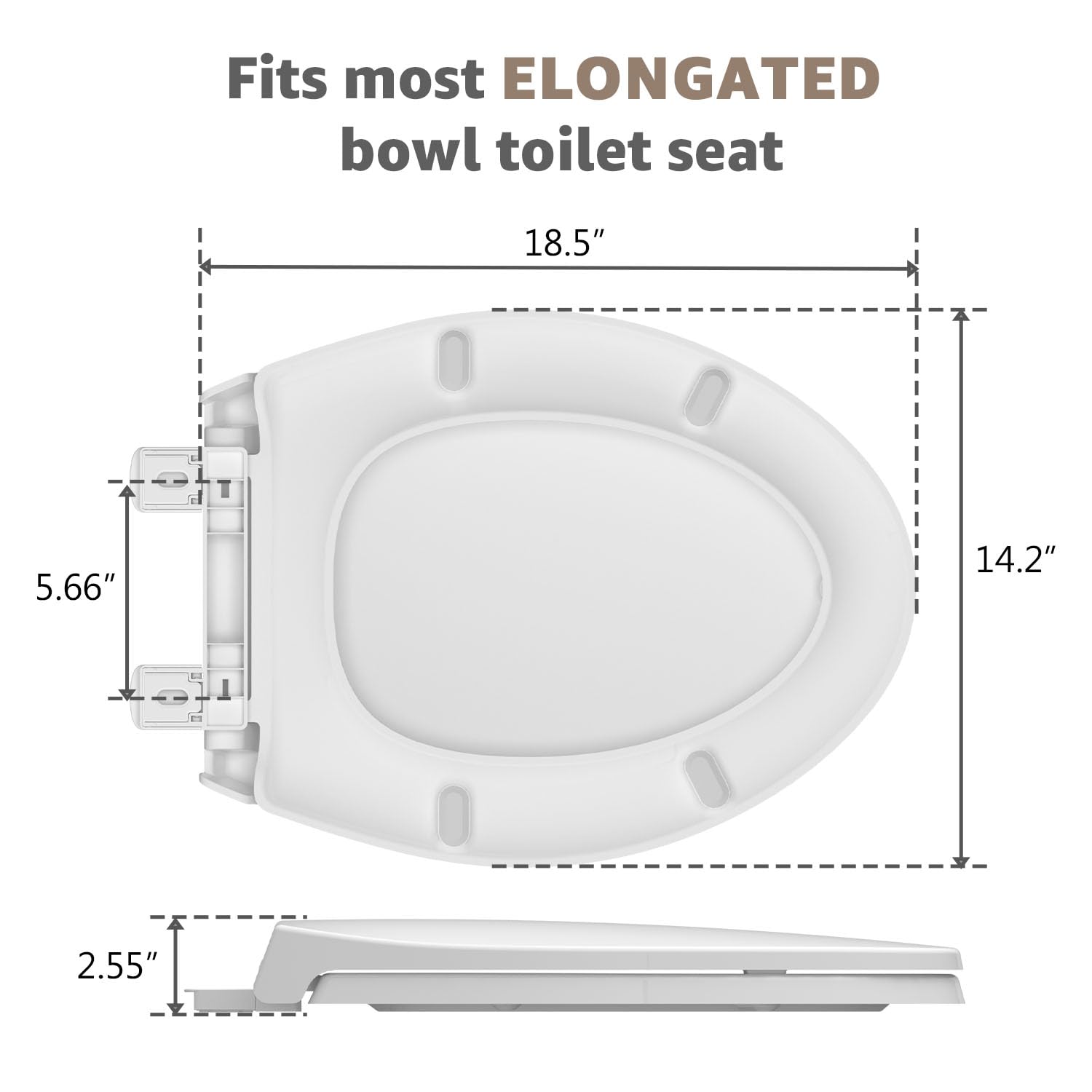 ELONGATED Toilet Seat, Slow-Close, Quick-Release, Never Loosen, Heavy Duty, Easy to Install and Clean, OVAL, White, 18.5"L x 14.2"W