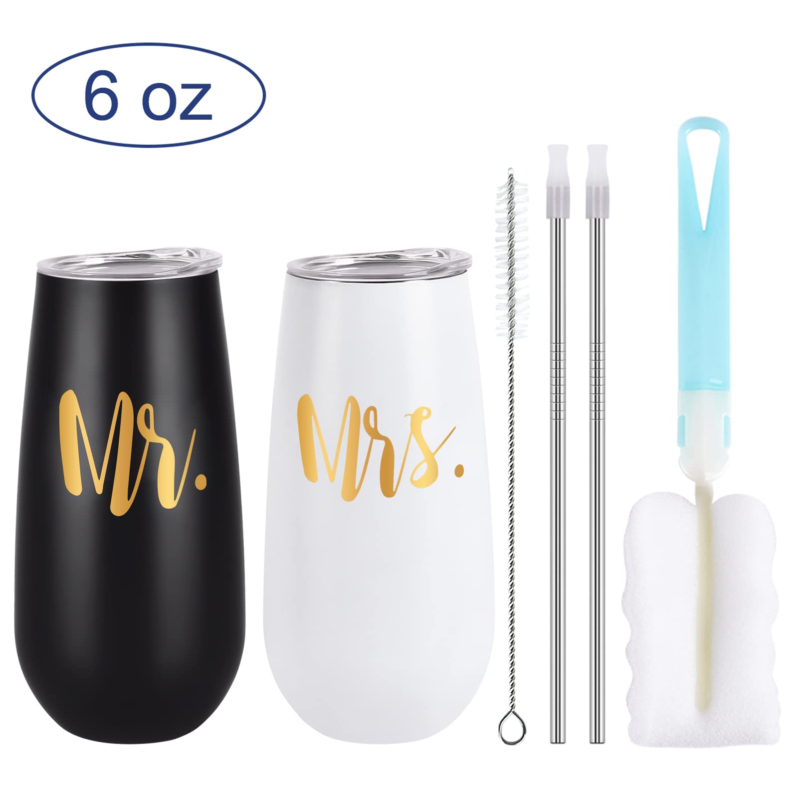 Lifecapido 2 Pack Mr and Mrs Stainless Steel Insulated Champagne Flute Tumbler, Engagement Wedding Gifts for Couples Newlyweds Bride Groom Wife His and Hers Anniversary Bridal Shower(6oz, Black&White)