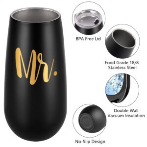 Lifecapido 2 Pack Mr and Mrs Stainless Steel Insulated Champagne Flute Tumbler, Engagement Wedding Gifts for Couples Newlyweds Bride Groom Wife His and Hers Anniversary Bridal Shower(6oz, Black&White)