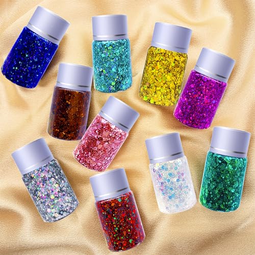 Body Face Glitter Gel SUPGIFT 10 Colors 10.6oz Holographic Chunky Laser Liquid Glitter Sequins Glue for Makeup Eyeshadow Hair Nail Slime Craft Resin with Spoon