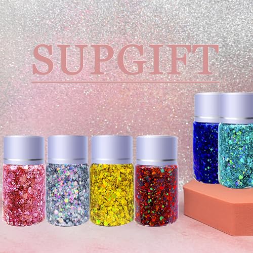 Body Face Glitter Gel SUPGIFT 10 Colors 10.6oz Holographic Chunky Laser Liquid Glitter Sequins Glue for Makeup Eyeshadow Hair Nail Slime Craft Resin with Spoon