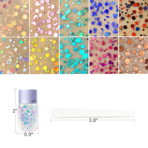 Body Face Glitter Gel SUPGIFT 10 Colors 10.6oz Holographic Chunky Laser Liquid Glitter Sequins Glue for Makeup Eyeshadow Hair Nail Slime Craft Resin with Spoon