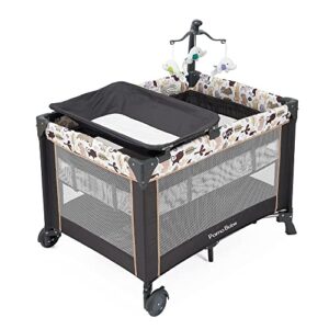 pamo babe portable nursery center foldable bassinet play yard crib sleeper with travel cot, changing table diaper station, mobile, & carry bag, khaki