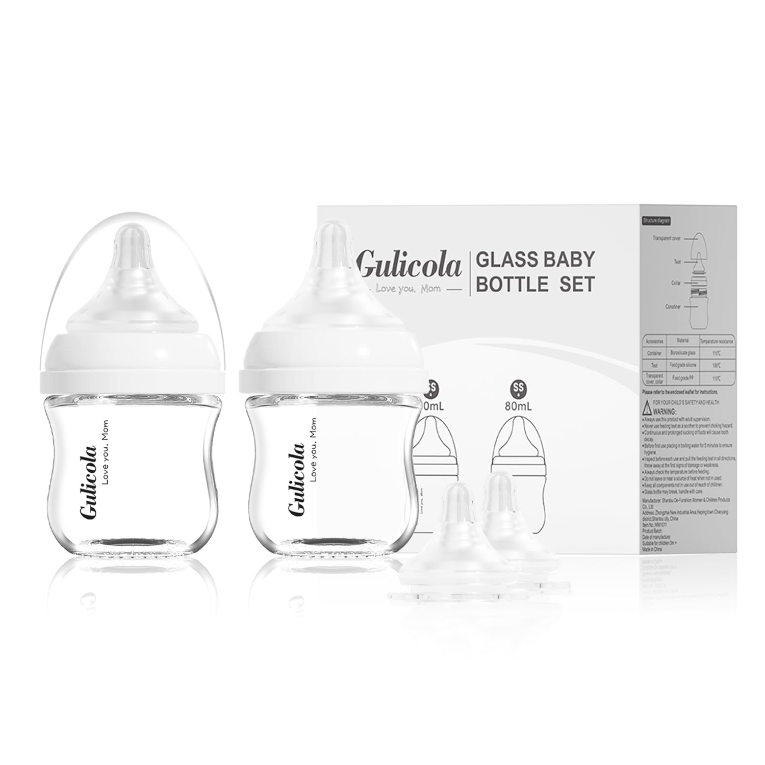 Gulicola Natural Glass Baby Bottle for Newborn Breastfeeding Babies, Preemie & Extra Slow Flow Nipples (SS), Anti-Colic, Breast-Like, 0 Months+, 3 oz, 2 Pack - White