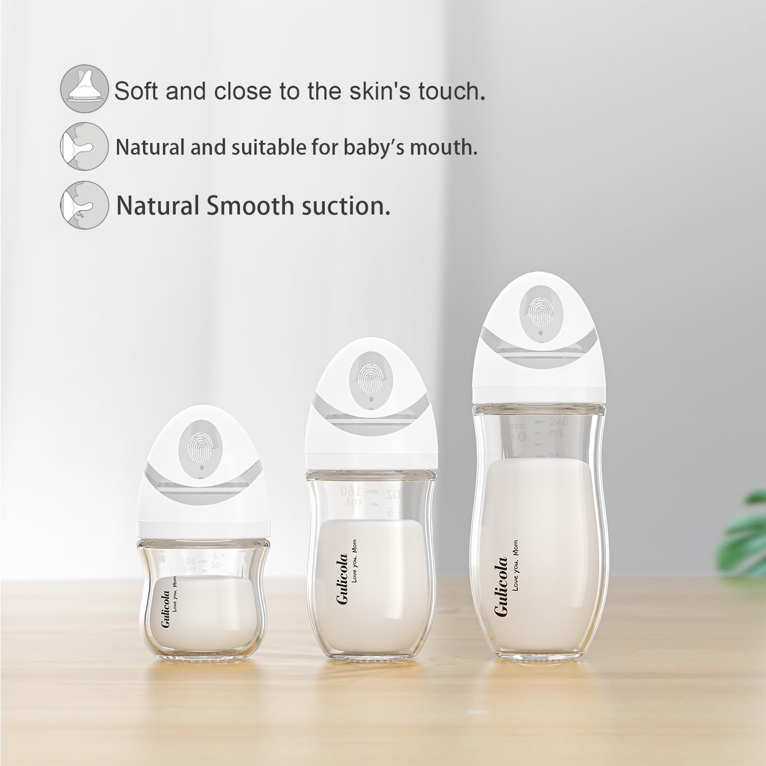 Gulicola Natural Glass Baby Bottle for Newborn Breastfeeding Babies, Preemie & Extra Slow Flow Nipples (SS), Anti-Colic, Breast-Like, 0 Months+, 3 oz, 2 Pack - White