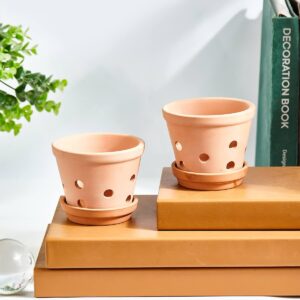 vensovo 6 Inch Terracotta Orchid Pots with Holes and Saucers - 3 Pcs Small Clay Orchid Planter Pots for Repotting, Plant Flower Pots for Orchid Indoor and Outdoor Promotes Air Circulation