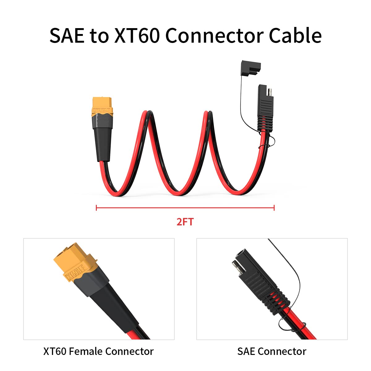 ELFCULB 12AWG XT60 to SAE Connector Extension Cable with SAE Polarity Reverse Adapter for Portable Power Station Solar Panel Solar Generator(2FT)