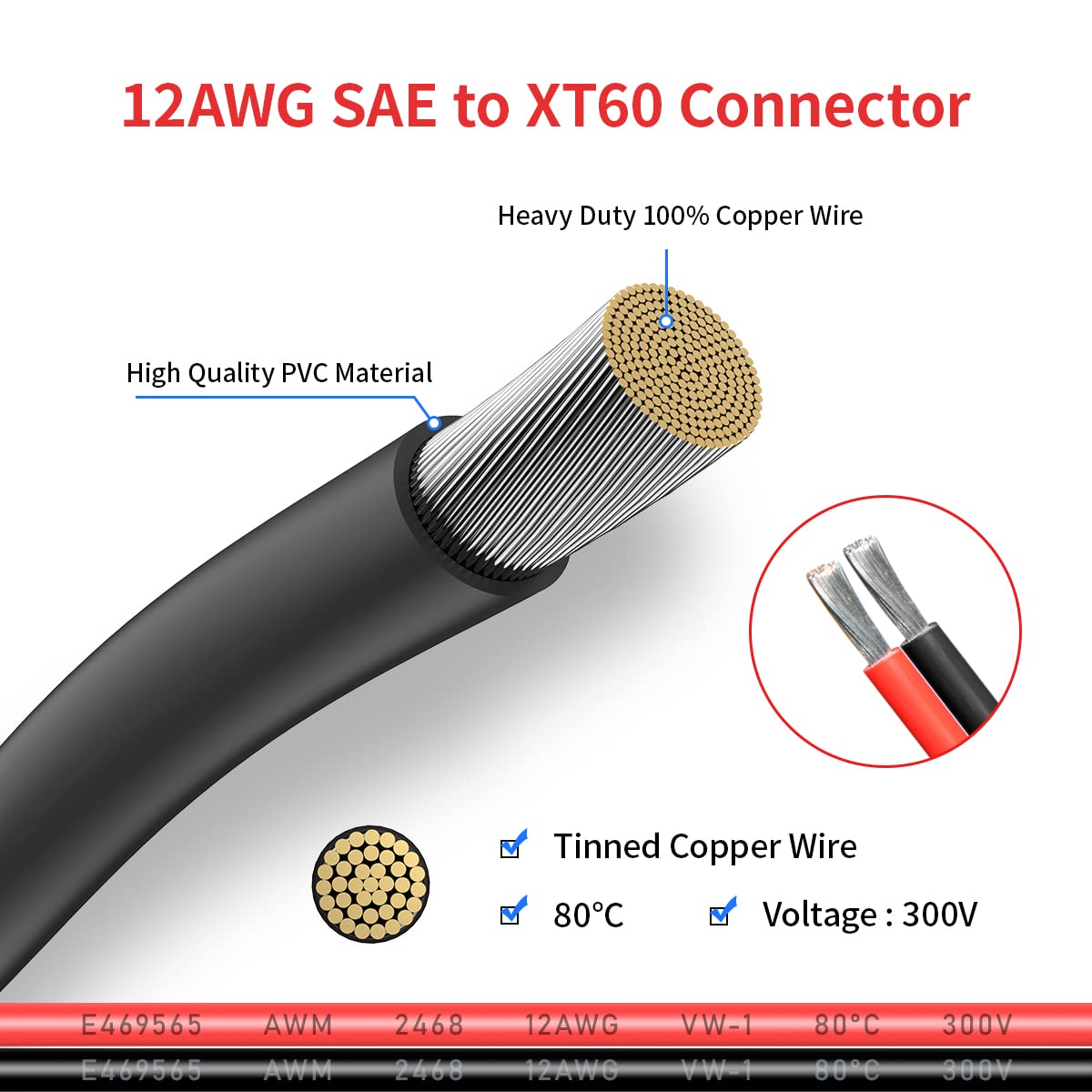 ELFCULB 12AWG XT60 to SAE Connector Extension Cable with SAE Polarity Reverse Adapter for Portable Power Station Solar Panel Solar Generator(2FT)