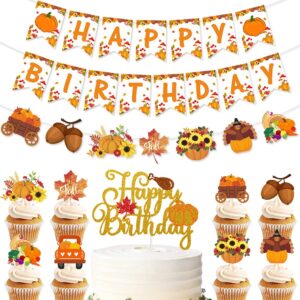 autumn birthday party decorations,pumpkin maple sunflower turkey harvest farm party supplies favors,fall happy birthday banner,thanksgiving party banner,autumn birthday party cake topper