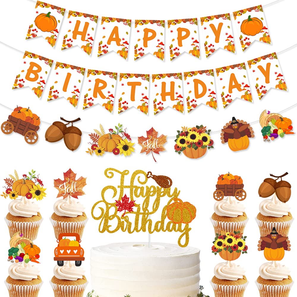 Autumn Birthday Party Decorations,Pumpkin Maple Sunflower Turkey Harvest Farm party supplies Favors,Fall Happy Birthday Banner,Thanksgiving Party Banner,Autumn Birthday Party Cake Topper