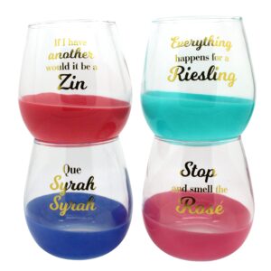 tmd retail color dip wine sayings stemless wine glasses set of 4 - stemless cute funny wine glass for everyday use, birthdays, parties, & more - 16 oz stemless glasses with unique flirty sayings