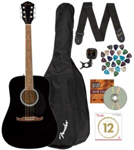 fender fa-125 dreadnought acoustic guitar - black bundle with gig bag, tuner, strap, strings, picks, and austin bazaar instructional dvd