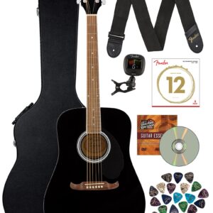 Fender FA-125 Dreadnought Acoustic Guitar - Black Bundle with Hard Case, Tuner, Strap, Strings, Picks, and Austin Bazaar Instructional DVD