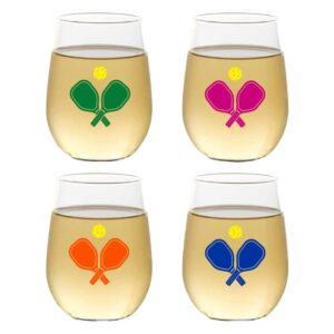 wine-oh! set of 4 shatterproof custom 16 oz plastic wine glasses made in the usa (pickleball)