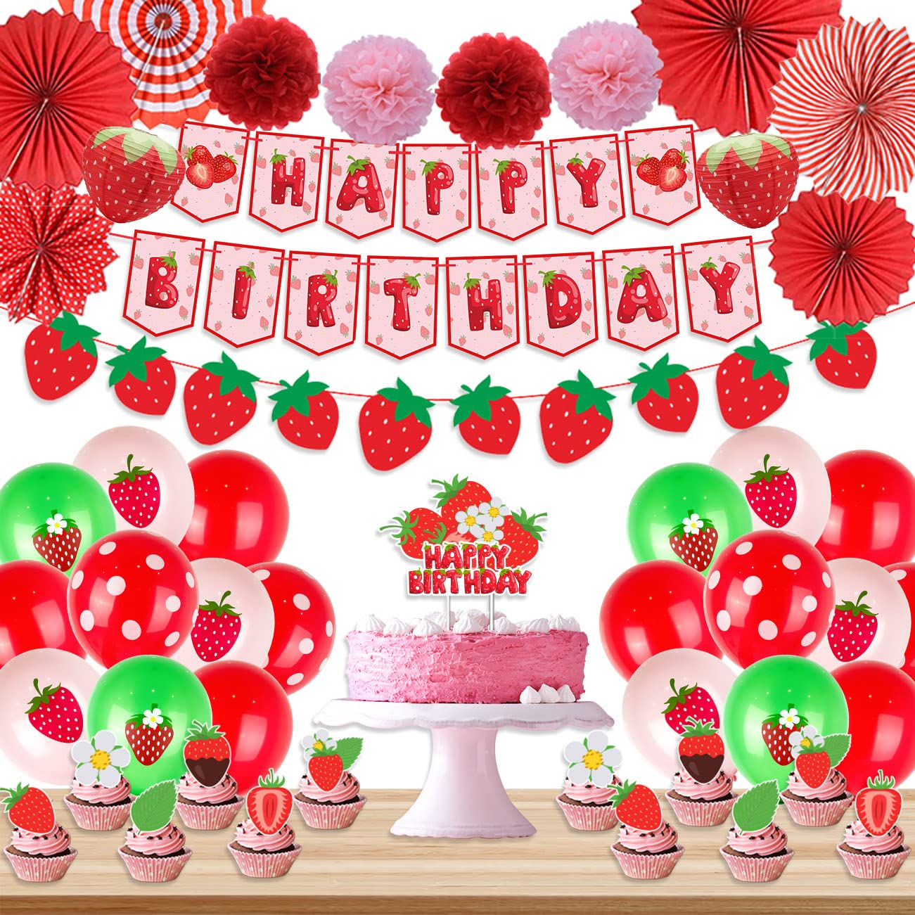 Strawberry Birthday Party Decorations Set Include Strawberry Shortcake Birthday Banner Cake Toppers Balloons Paper Pompoms and Fans for Kids Girl Berry Sweet Themed Birthday Party Supplies Decor