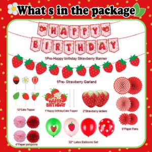 Strawberry Birthday Party Decorations Set Include Strawberry Shortcake Birthday Banner Cake Toppers Balloons Paper Pompoms and Fans for Kids Girl Berry Sweet Themed Birthday Party Supplies Decor