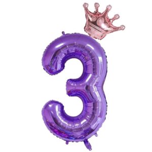 40-inch purple number 3 crown balloons set, 3rd birthday balloons for girls, wedding anniversar celebration decorative balloons. (3)