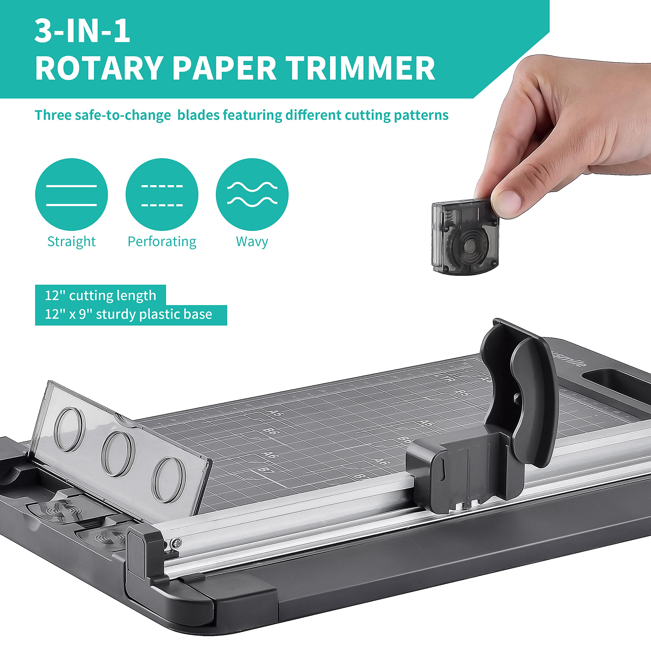 Rotary Paper Trimmer, 3-in-1 Paper Cutter, 12 Inch Cutting Length, with Straight Cut/Perforating Cut/Wavy Cut, Enclosed Blades for Safe Use, Ideal for Paper Craft Projects