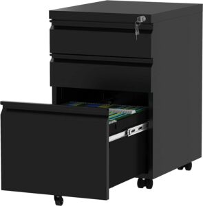 3 drawer mobile file cabinet with lock, under desk metal filing cabinet for legal/letter/a4 file, fully assembled except wheels, black